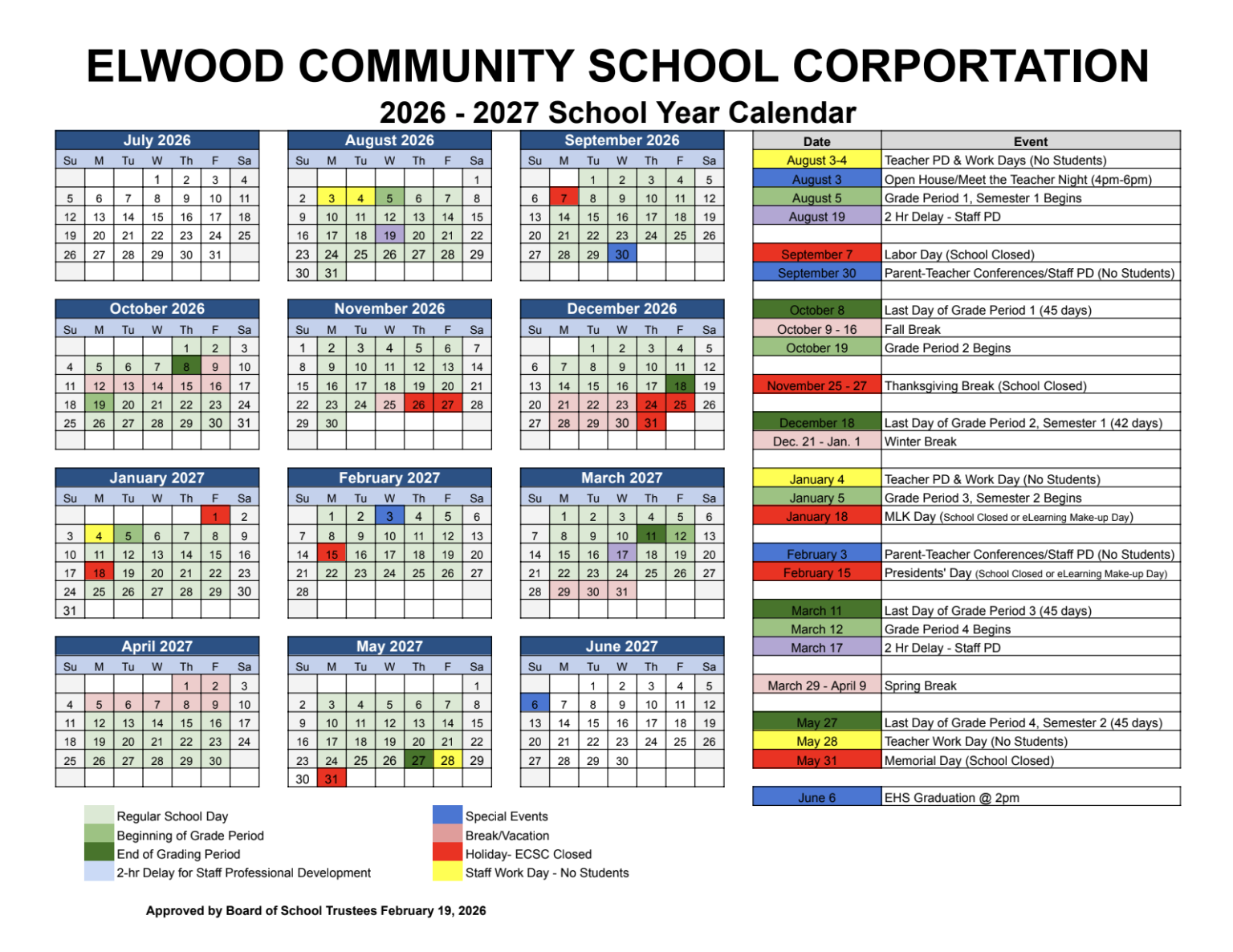 ECSC School Calendars - ELWOOD COMMUNITY SCHOOL CORPORATION