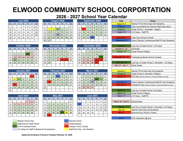 ECSC School Calendars - ELWOOD COMMUNITY SCHOOL CORPORATION